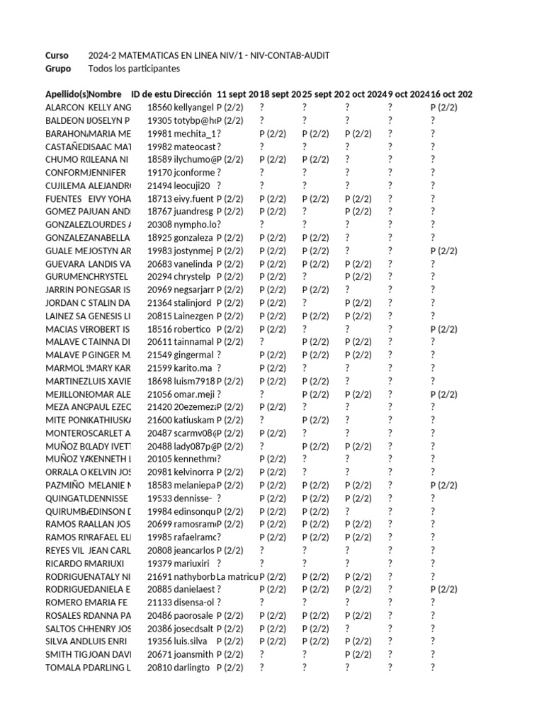2024-2 Niv-contab-Audit Matema Niv1 2197 - Asistencias - Miercoles | PDF
