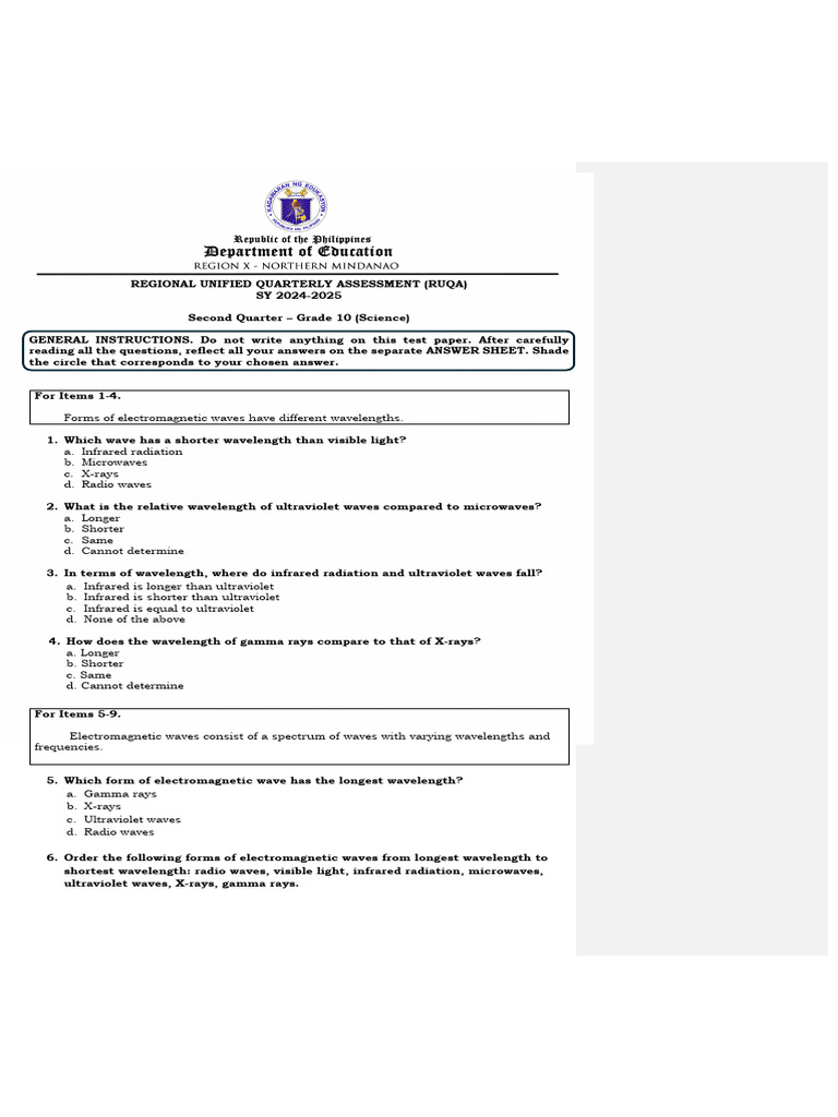 Science 10 - 2nd Quarter Final RUQA | PDF | Electromagnetic Spectrum ...