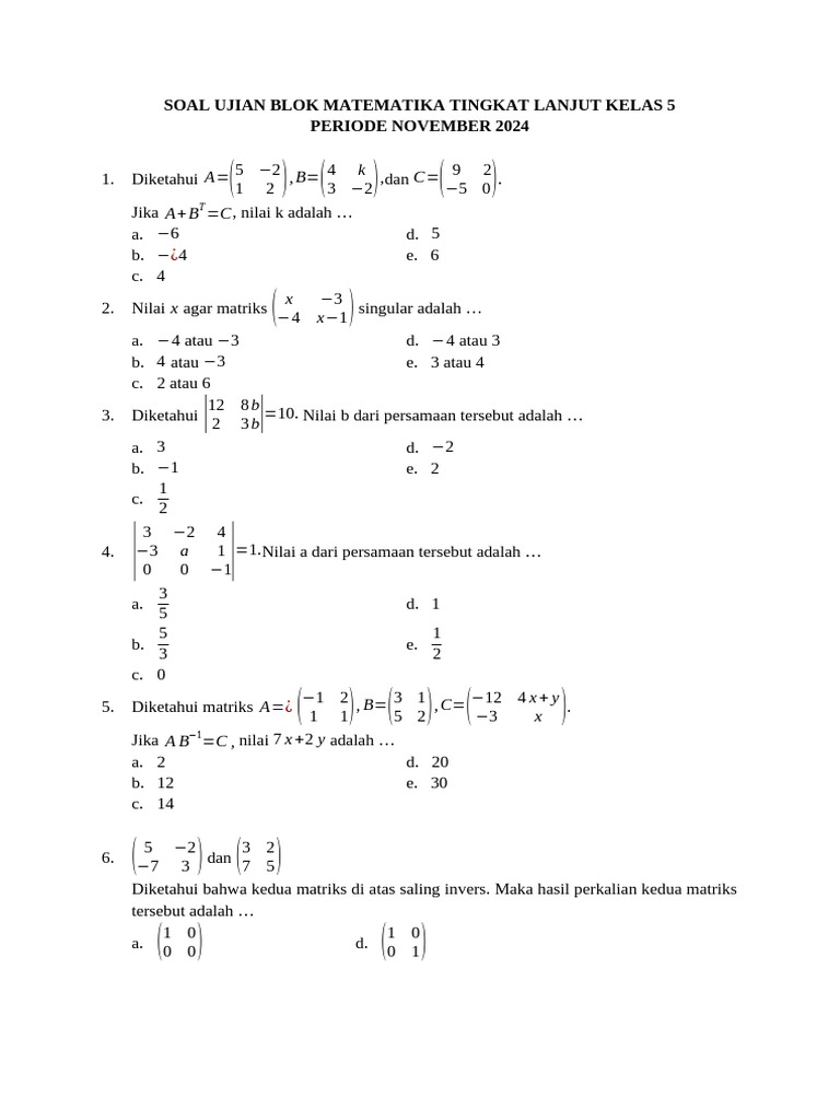SOAL UJIAN BLOK MATEMATIKA TINGKAT LANJUT KELAS 5 MATRIKS | PDF