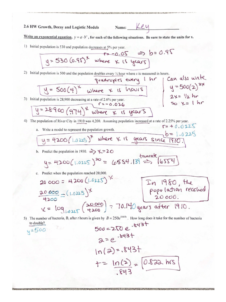 2 6+HW+KEY+Growth,+Decay+and+Logistic+Models | PDF