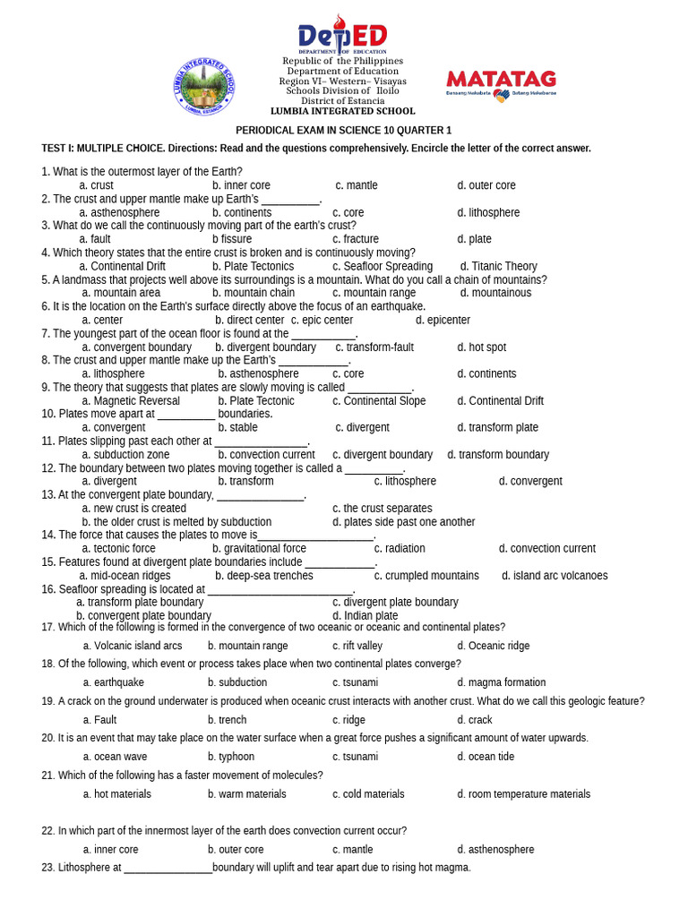 1ST PERIODICAL EXAM IN SCIENCE 10 -QUARTER 1 | PDF | Plate Tectonics ...