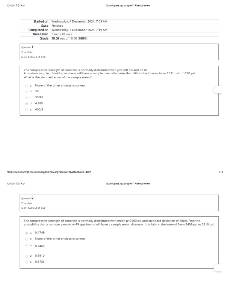 Quiz 6 (Pass - Quizchapter7 - Attempt Review | PDF | Standard Error | Standard Deviation