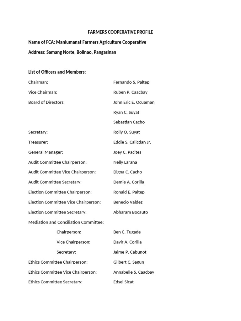 Manlumanat Farmers Cooperative Profile | PDF