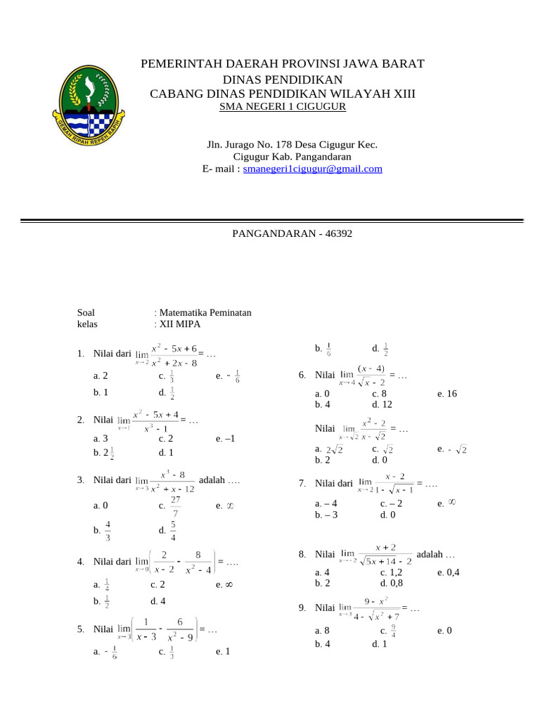 Soal Matematika Peminatan Kelas XII MIPA | PDF