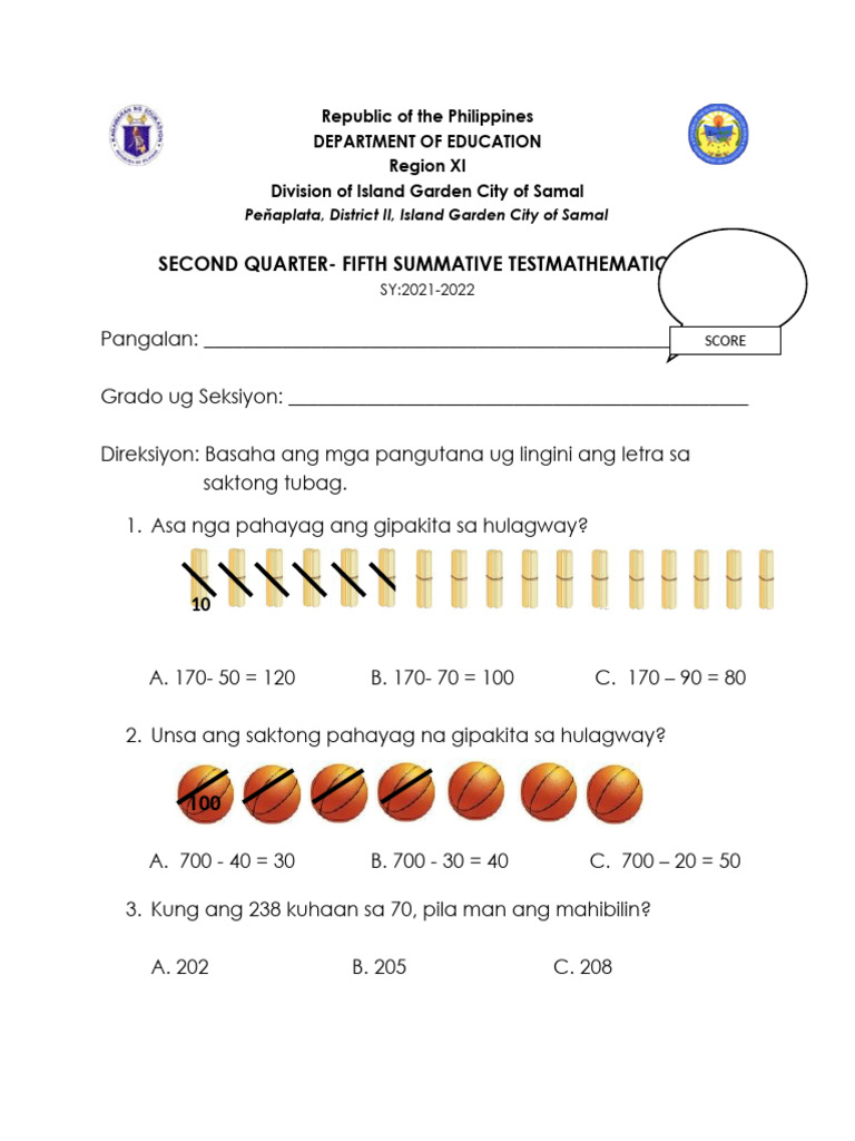 Math 2-Q2-Unified Assessment Test 2021-2022 | PDF