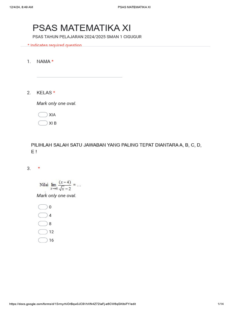 PSAS KeLAS XI - Google Forms | PDF