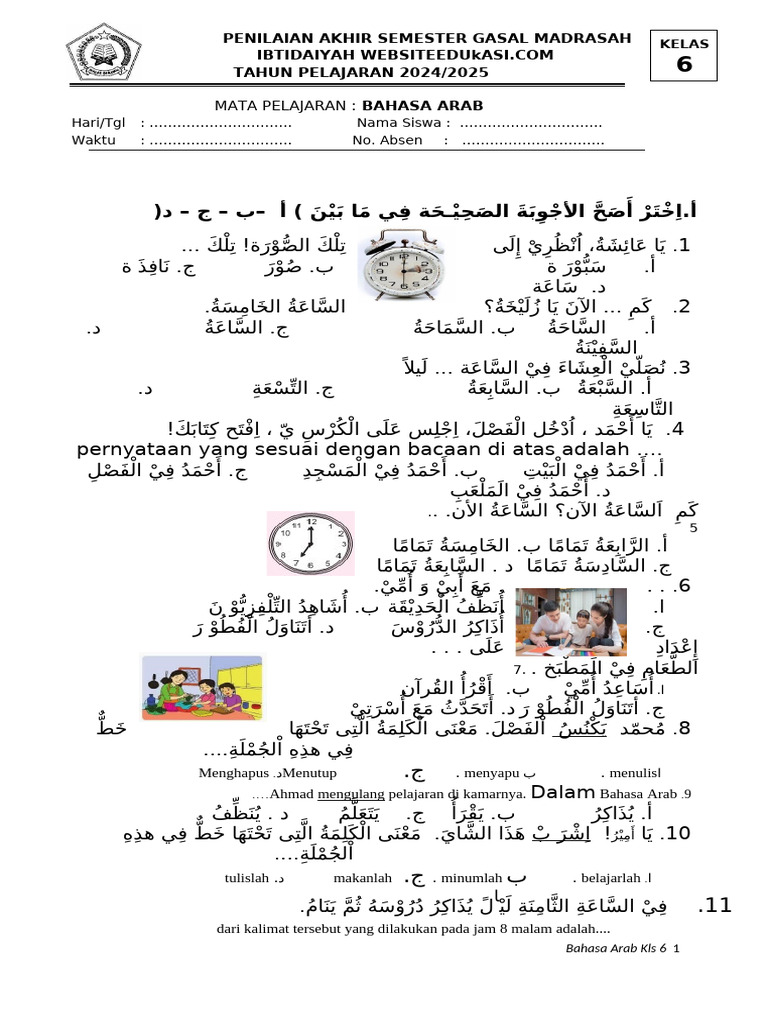 Soal PAS B Arab Kelas VI Com | PDF
