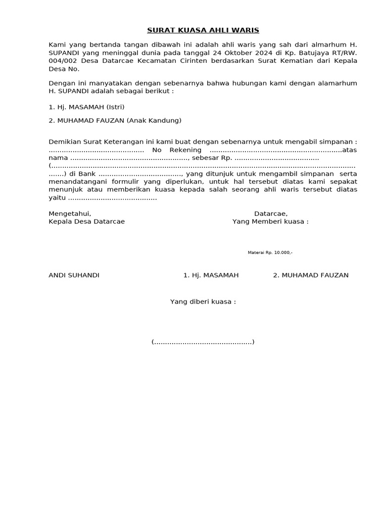 Contoh Surat Kuasa Ahli Waris Bank | PDF