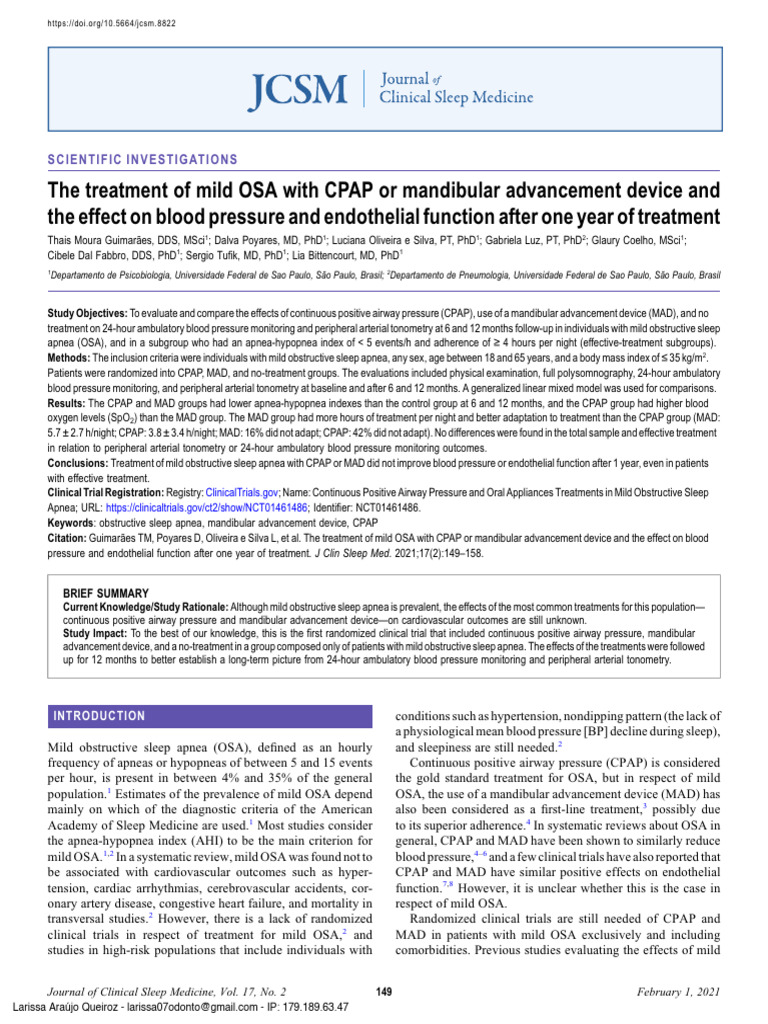OSA with CPAP or mandibular advancement device and the effect on blood ...