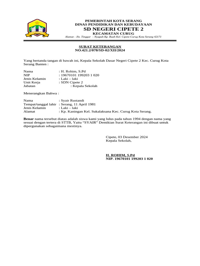 Surat Keterangan Lulus SD Cipete 2 | PDF