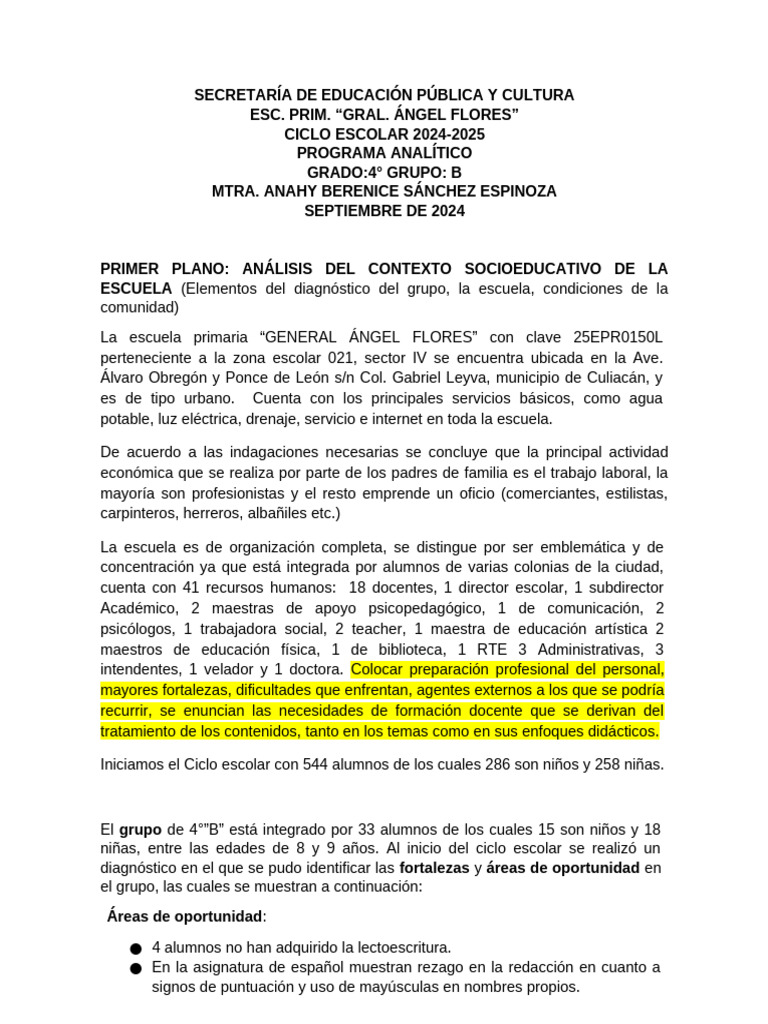 Programa Analítico Cuarto Grado | PDF | Aprendizaje | Evaluación