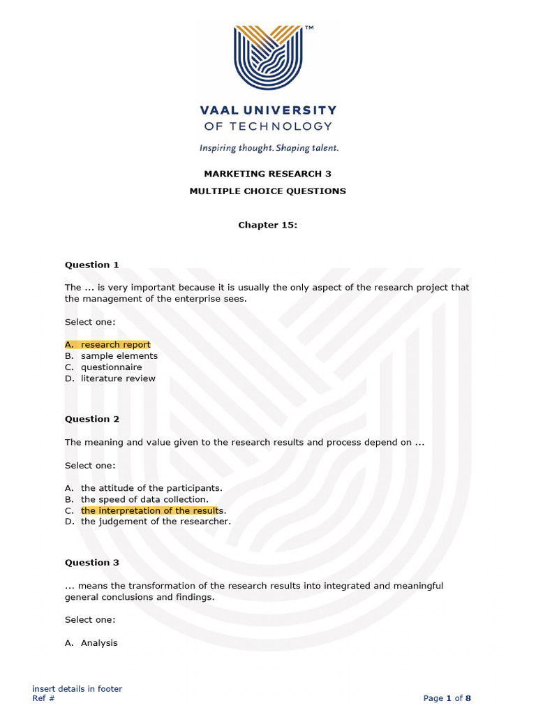 Marketing Research MCQs Overview | PDF | Hypothesis | Epistemology Of ...