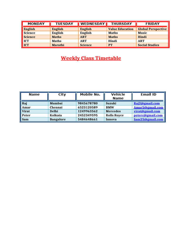 Weekly Class Timetable Overview | PDF