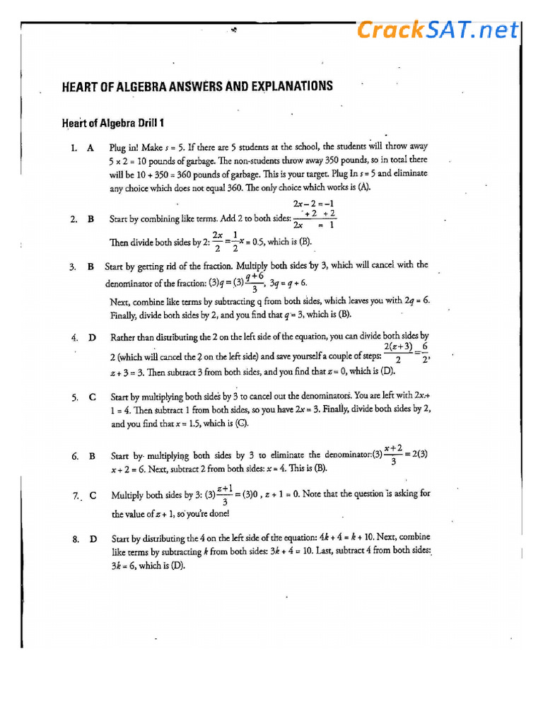 SAT Heart of Algebra Practice Test 1 Answer Explanations | PDF