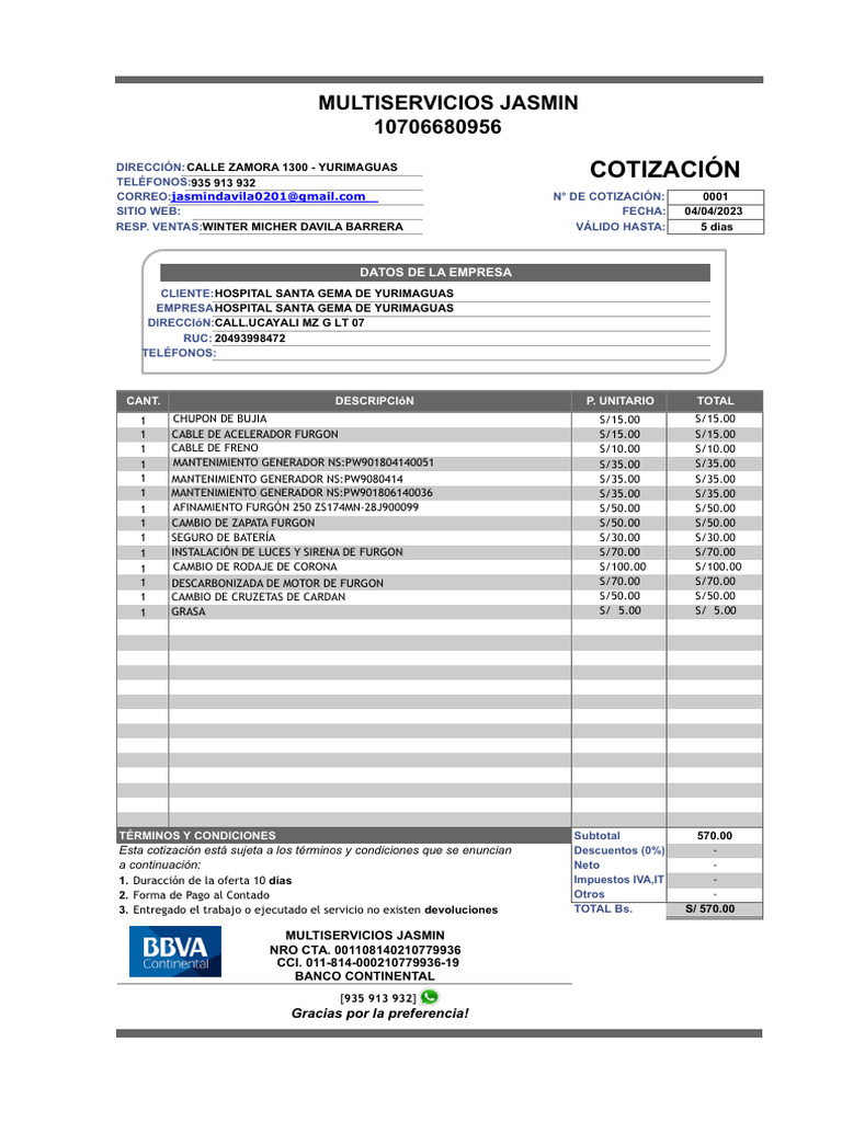 Cotización: Multiservicios Jasmin 10706680956 | PDF