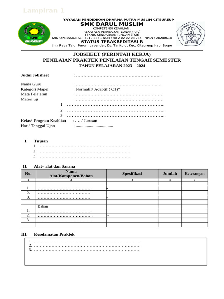Format JOB SHEET NORMATIF & ADAPTIF PAS SMK DARMUS | PDF