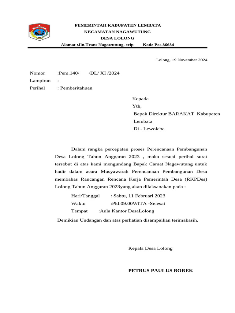 Undangan Musyawarah RKPDes Lolong 2023 | PDF