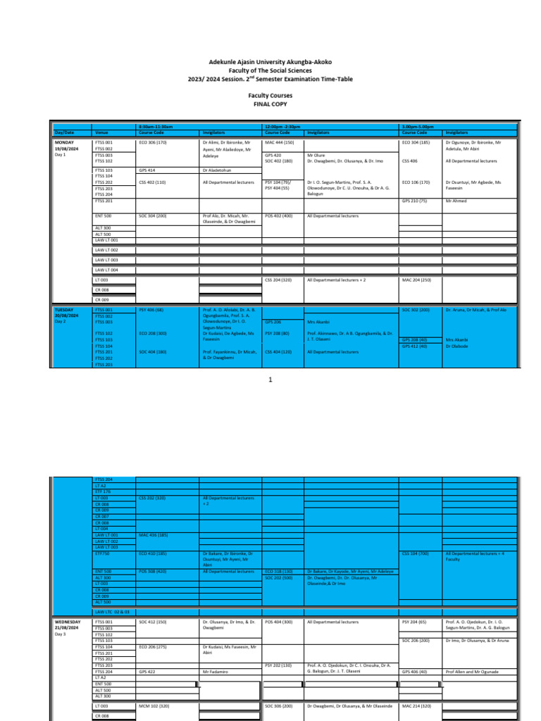 Final-Ftss 23-24 2ND Sem Exam Time Table First Draft | PDF