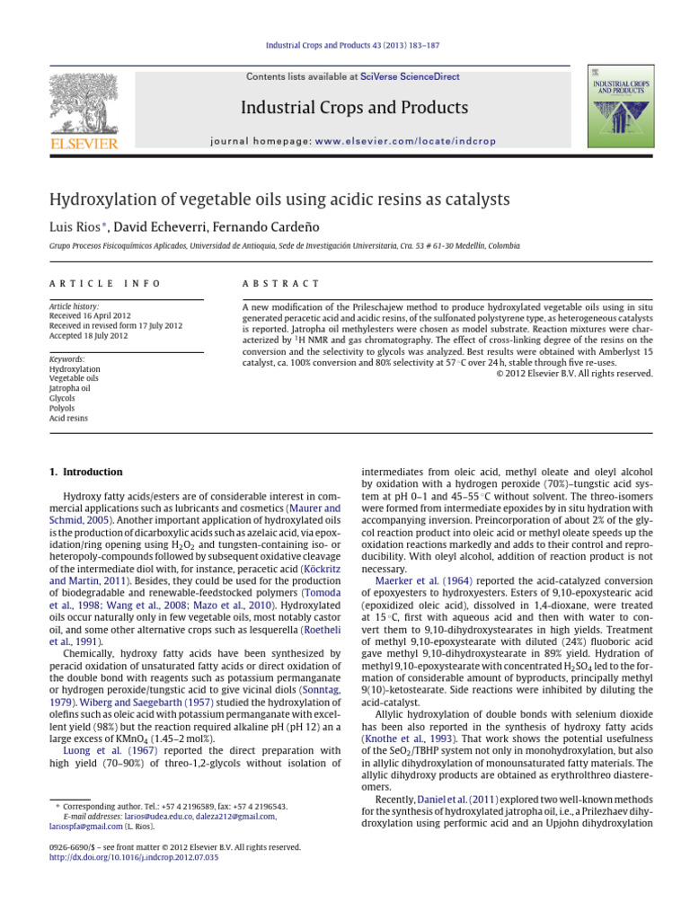 Hydroxylation of Vegetable Oils Using Acidic Resins As Catalysts | PDF ...