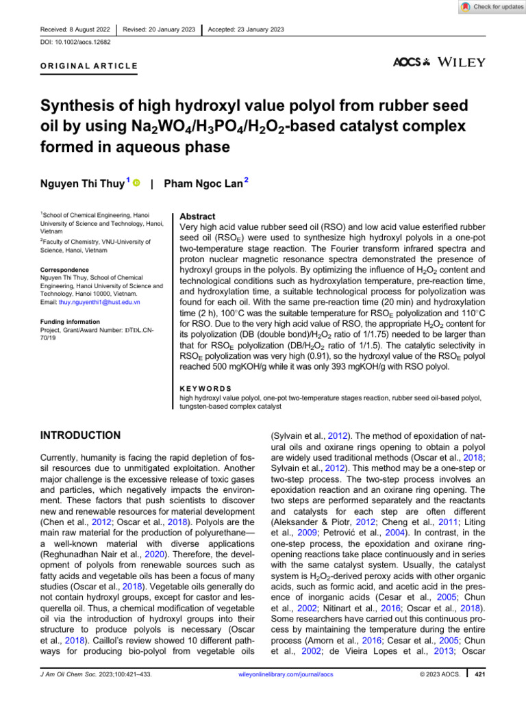 High Hydroxyl Polyol from Rubber Seed Oil | PDF | Chemical Reactions ...
