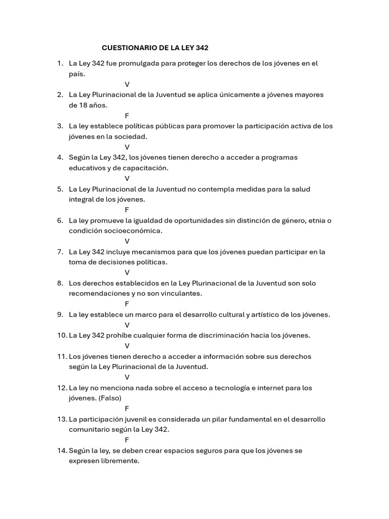 Cuestionario de La Ley 342 | PDF | Organización no gubernamental | Etica social