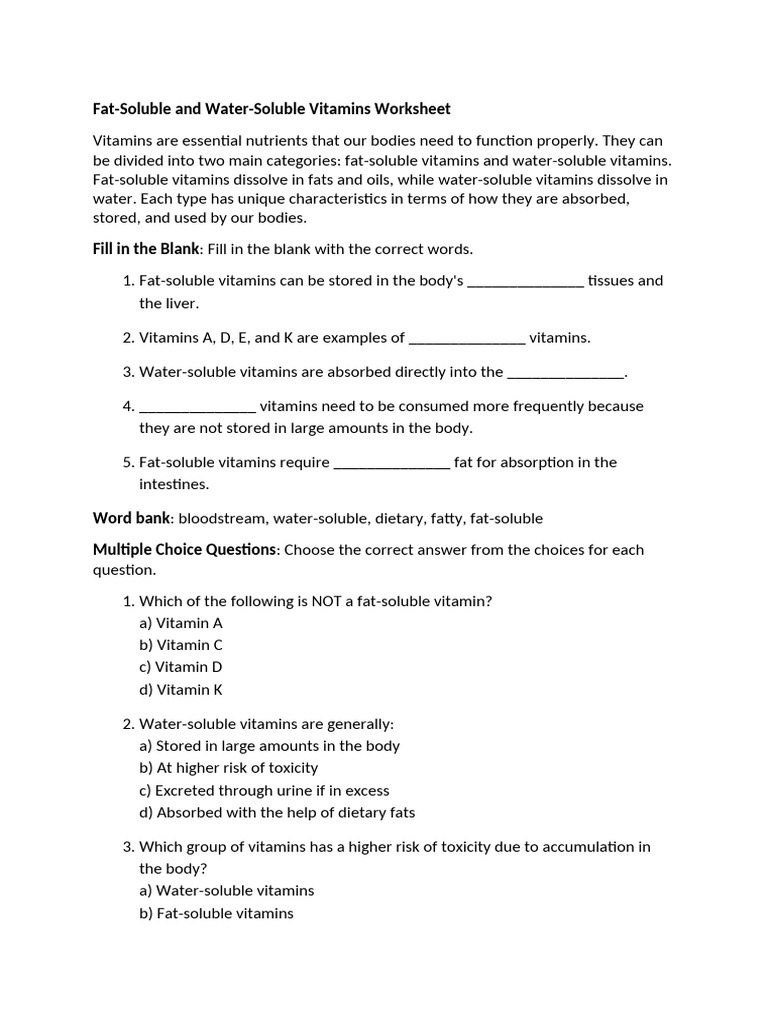 Fat-Soluble and Water-Soluble Vitamins Worksheet | PDF | Vitamin ...