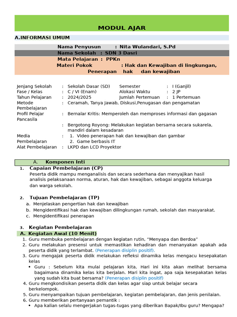 MODUL AJAR PKN Baru Fix | PDF