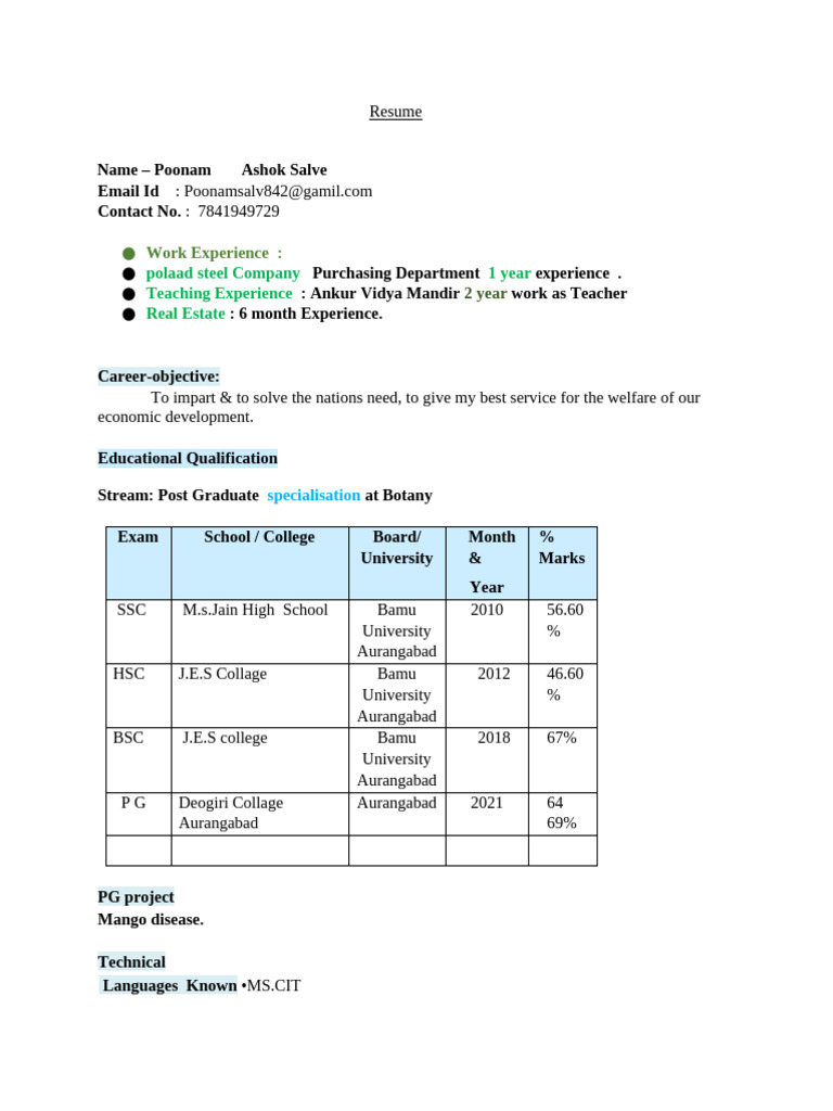 Poonam Salve's Resume: Botany PG & Diverse Experience | PDF