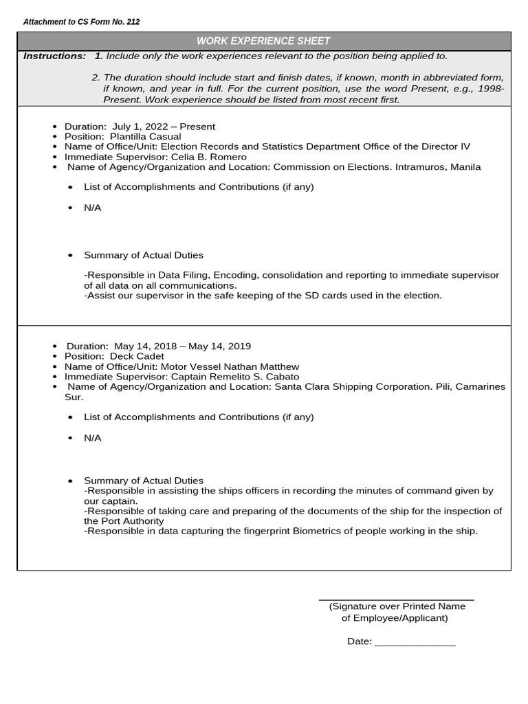 CS Form No 212 Work Experience Sheet | PDF
