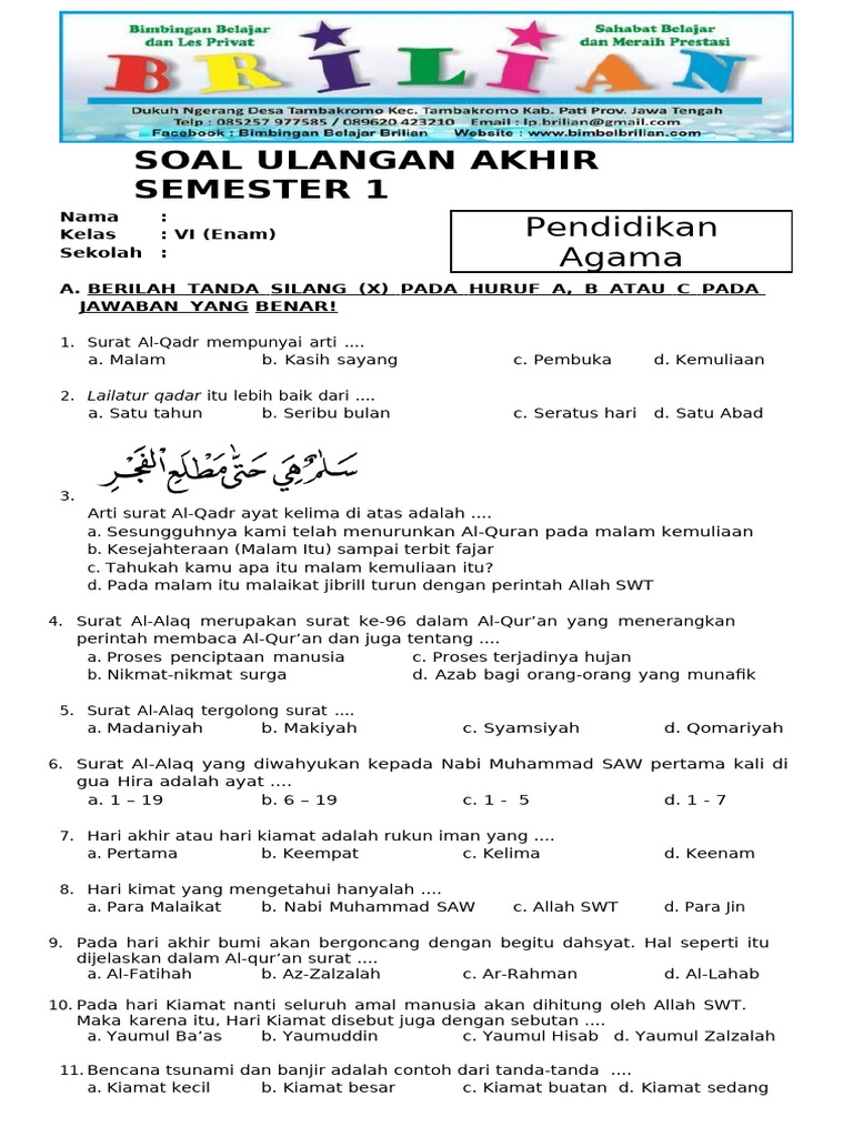 Soal UAS PAI Kelas 6 SD Semester 1 Ganjil Dan Kunci Jawaban WWW Bimbelbrilian Com | PDF