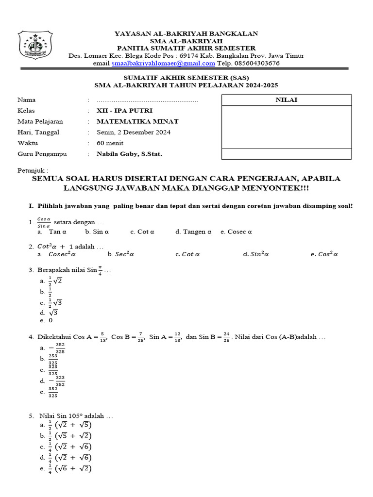 SOAL SAS MTK WAJIB XII-IPA PUTRI NABILA GABY | PDF