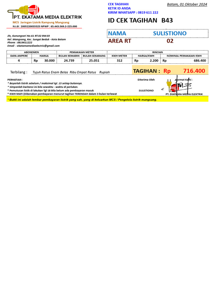 Kwitansi Listrik Oktober - Invoice | PDF