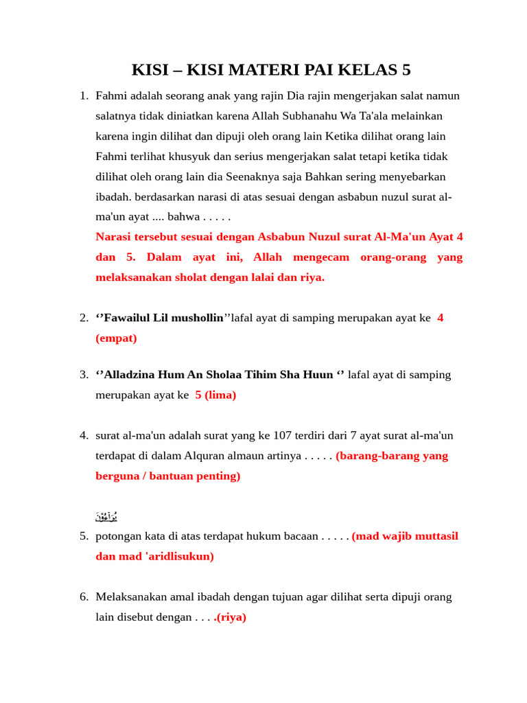 KISI PAI Kelas V | PDF