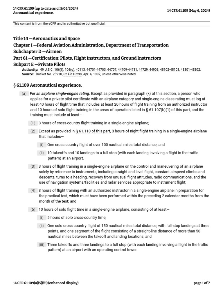 14 CFR 61.109 (Up To Date As of 5-06-2024) | PDF | Flight Instructor ...
