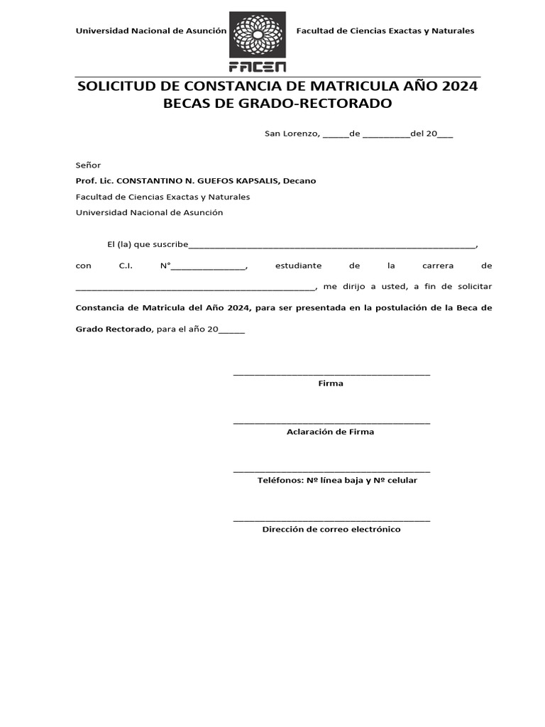 Solicitud de Constancia de Matricula BECAS DE GRADO RECTORADO 2024 | PDF