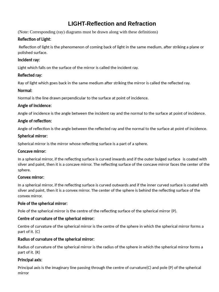 Notes For Light-Reflection and Refraction | PDF | Mirror | Sphere
