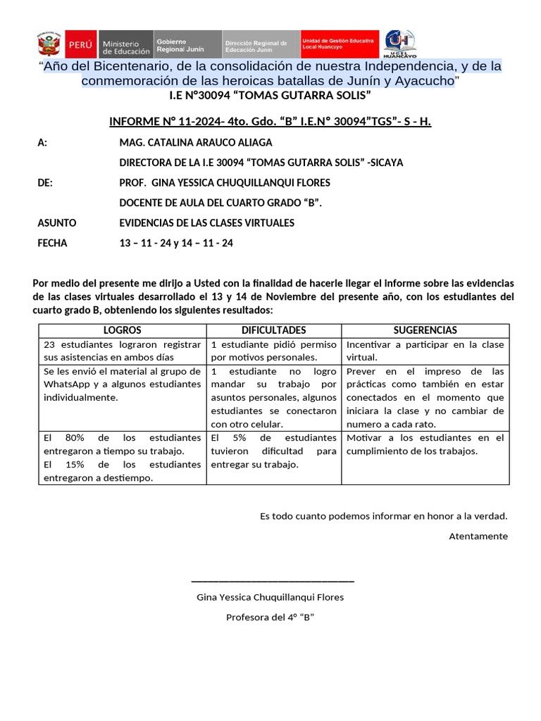 Informe de Clases Virtuales 4to Grado B | PDF