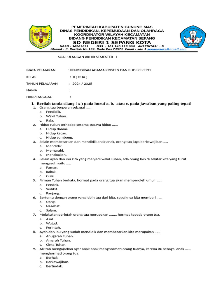 Soal Agama Kristen Kls 2 | PDF