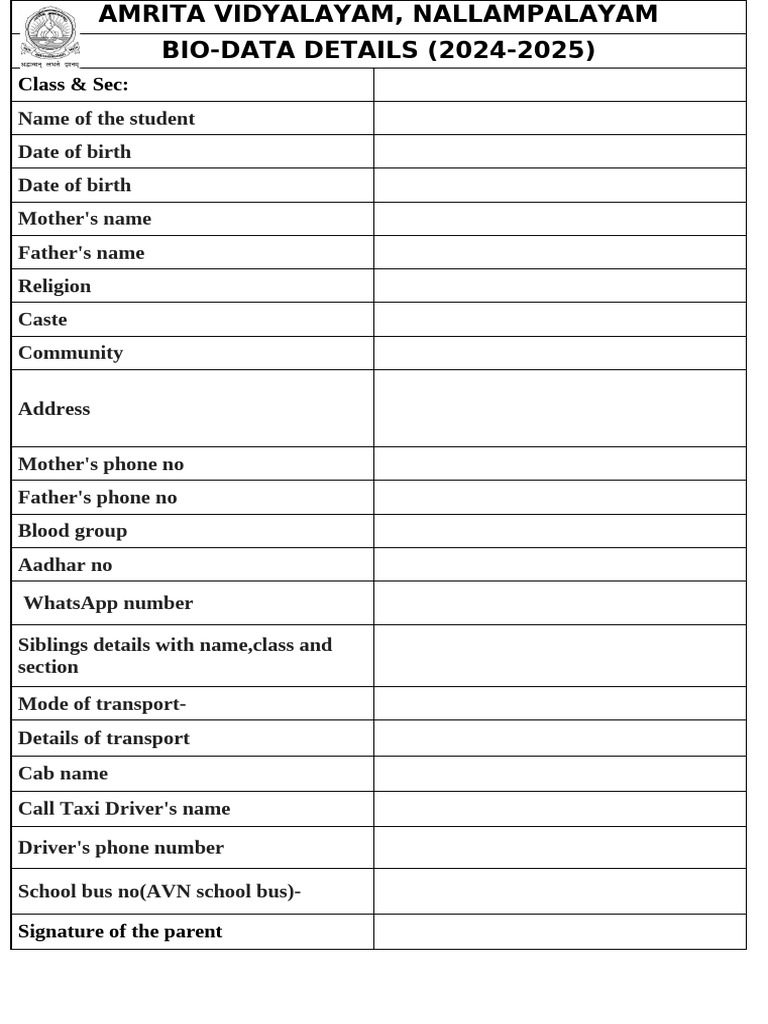 Student Bio-Data Form | PDF