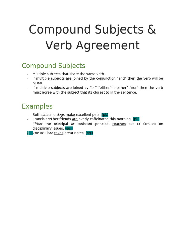Compound Subjects & Verb Agreement | PDF
