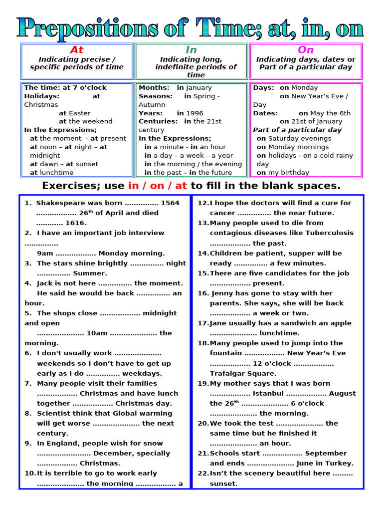 Αγγλικά Ε Τάξης Prepositions of Time Grammar Guides | PDF | Lunch ...