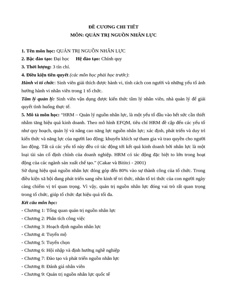 17C1301031501 Syllabus Quan Tri Nguon Nhan Luc Dang Thu Huong | PDF