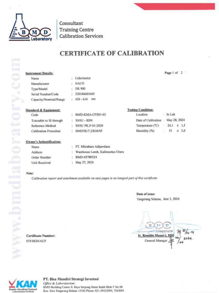 Certificate of Calibration Spectrophotometer DR 900 - 2024 | PDF