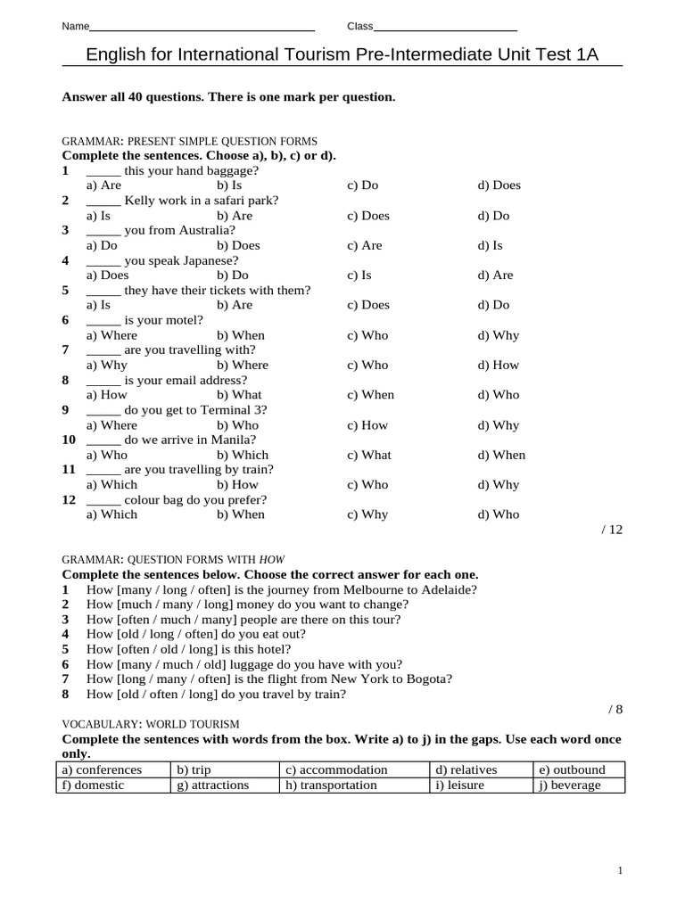 English Tourism Test: Grammar & Vocabulary | PDF | Tourism