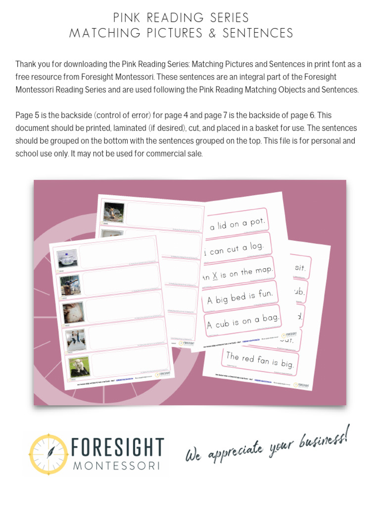 Pink Reading Picture To Sentence Matching Print | PDF | All Rights ...