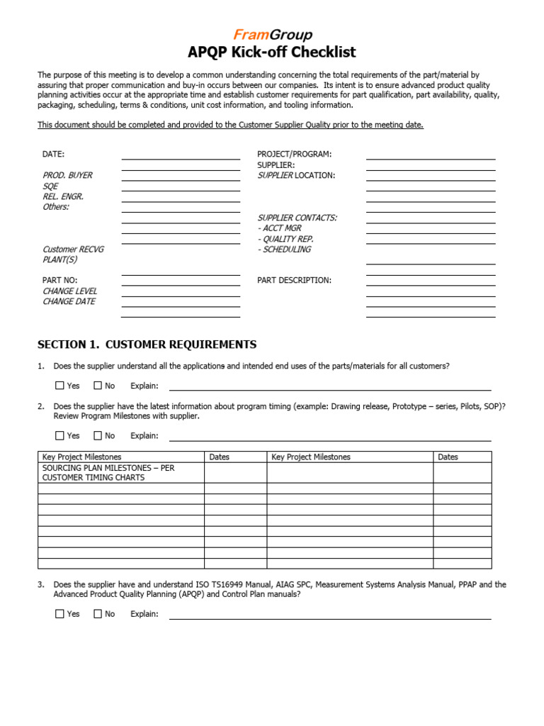 Appendix 9-SQ05 APQP Kick-Off Checklist | PDF | Software Release Life ...