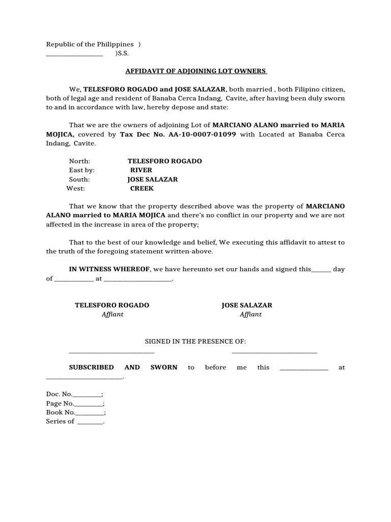Affidavit of Adjoining Lot Owners - Telesforo Rogado | PDF