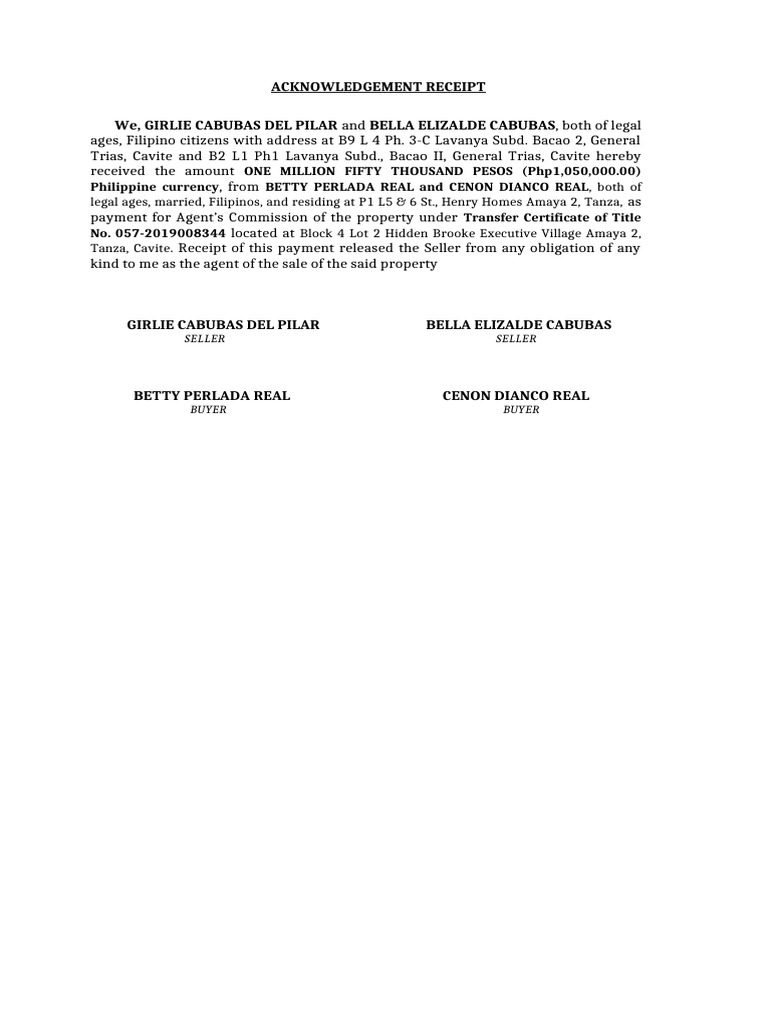 Acknowledgment Receipt for Property Sale | PDF