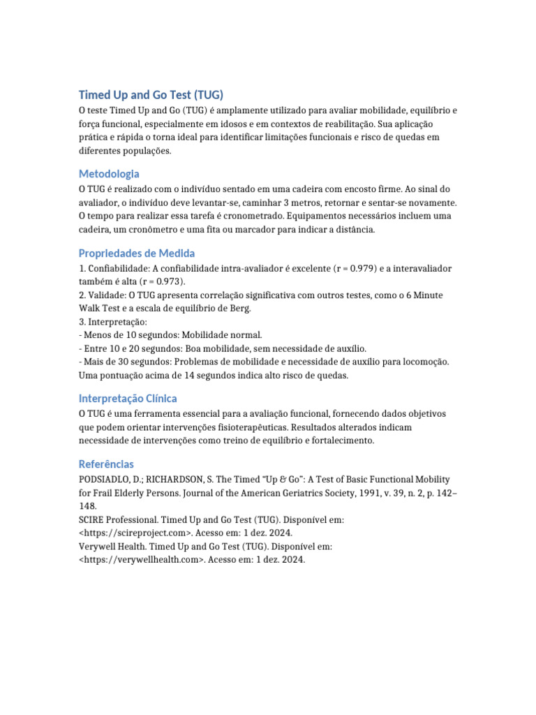 Timed Up and Go Test TUG | PDF