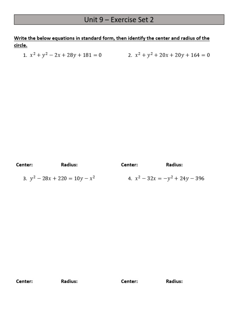 Unit 9 Exercise Set 2 Complete The Square | PDF